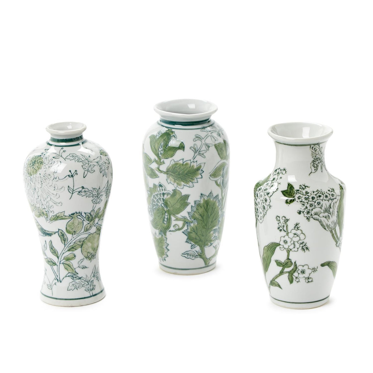Primrose and Lotus Hand-Painted Green and White Chinoiserie Vases ...
